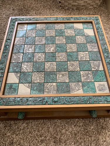 VTG Unique Mayan Sun Aztec Conquistador Chess Set Malachite Stone Wood ...
