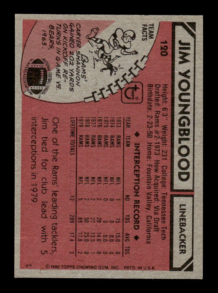 1980 Football Topps Jim Youngblood Los Angeles Rams #120 AP | eBay