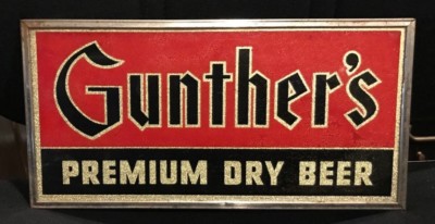 VINTAGE GUNTHER BEER - BREWING CO ROG REVERSE ON GLASS SIGN BALTIMORE ...