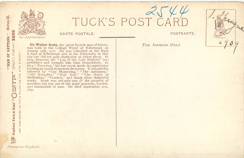Tuck Postcard Men Of Letters Series II 2699 Sir Walter Scott Quinnell ...
