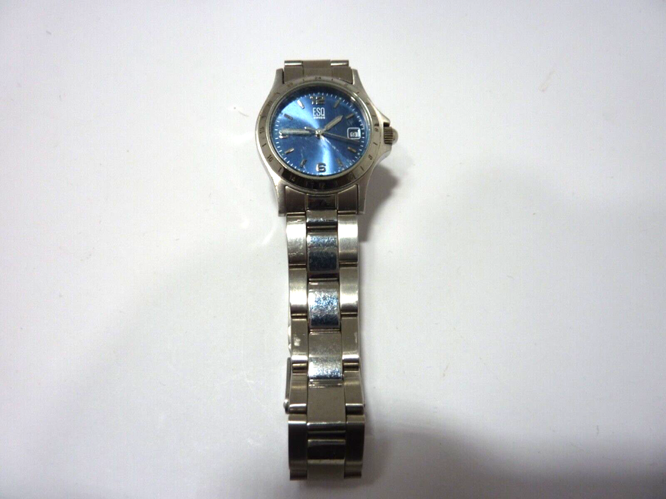 ESQ Swiss Watch Women Blue Dial Silver Tone Date Round E5100 NEEDS NEW ...