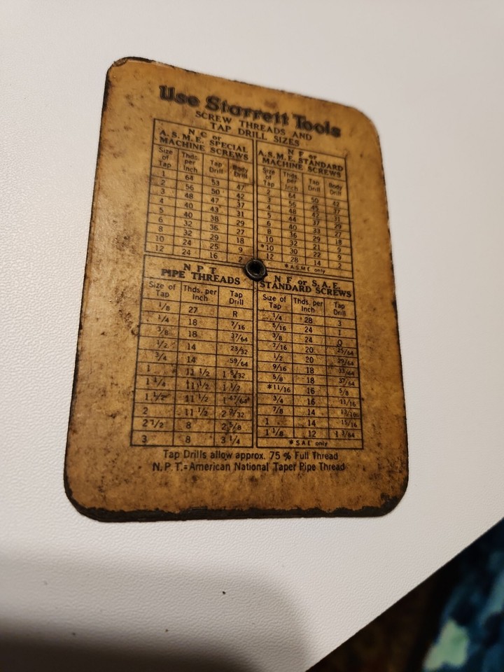 VTG L.S. STARRETT CO. SLIDE RULE SCREW THREADS & TAP DRILL SIZES ...