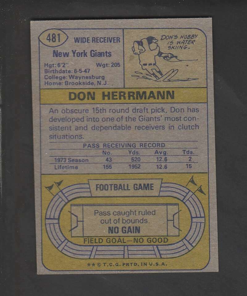1974 Topps #481 Don Herrmann EXMT/EXMT+ NY Giants 153592 | eBay