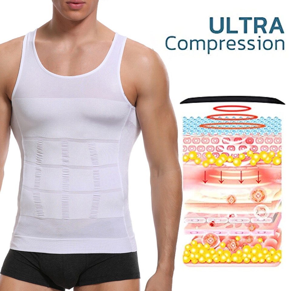 Mens Slimming Body Shaper Belly Chest Compression Vest Girdle T-Shirt ...