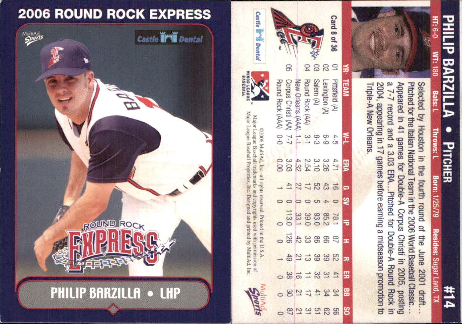 Philip Barzilla 2006 MultiAd Round Rock Express #8 RC Card Round Rock ...
