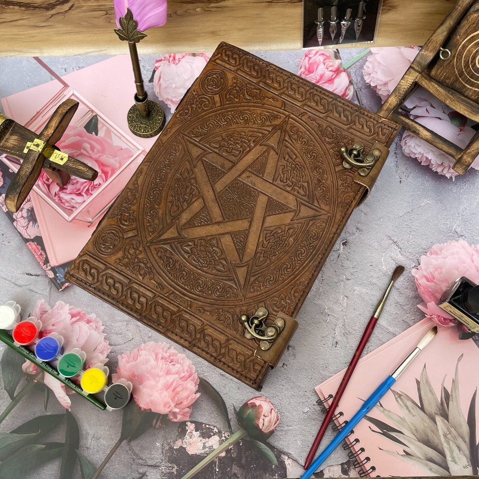 Large Pentagram Embossed Leather Journal 600 White Blank Papers Spell ...