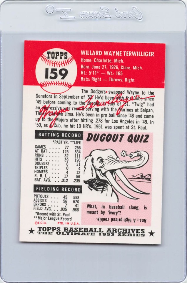 1991 Topps Archives #159 Wayne Terwilliger Senators Signed Auto *K107 ...