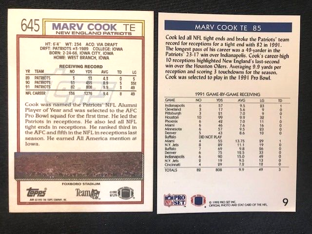 NFL - Marv Cook 1992 Topps & 1992 Pro Set Statistical Leaders ...