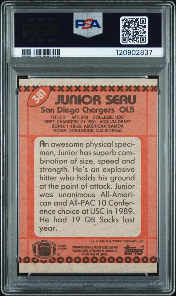 1990 Topps - Junior Seau #381 (RC) Disclaimer Back PSA 10! | eBay