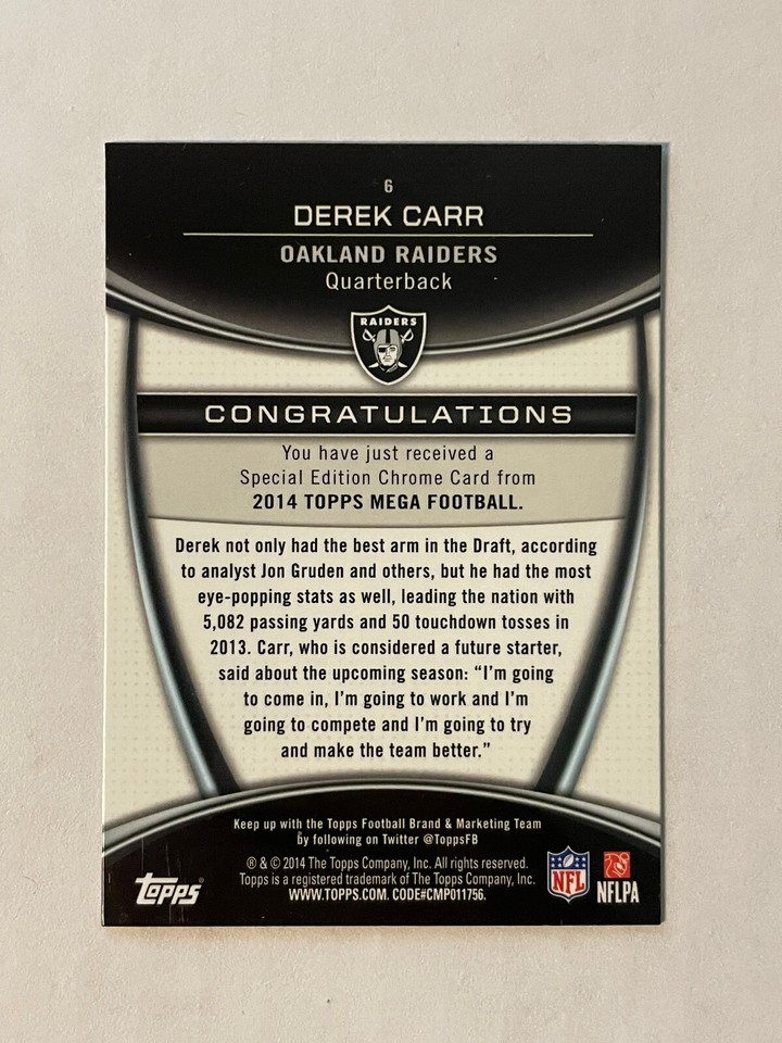 Derek Carr 2014 Topps Mega Special Edition Chrome Rookie Card RC #6 | eBay