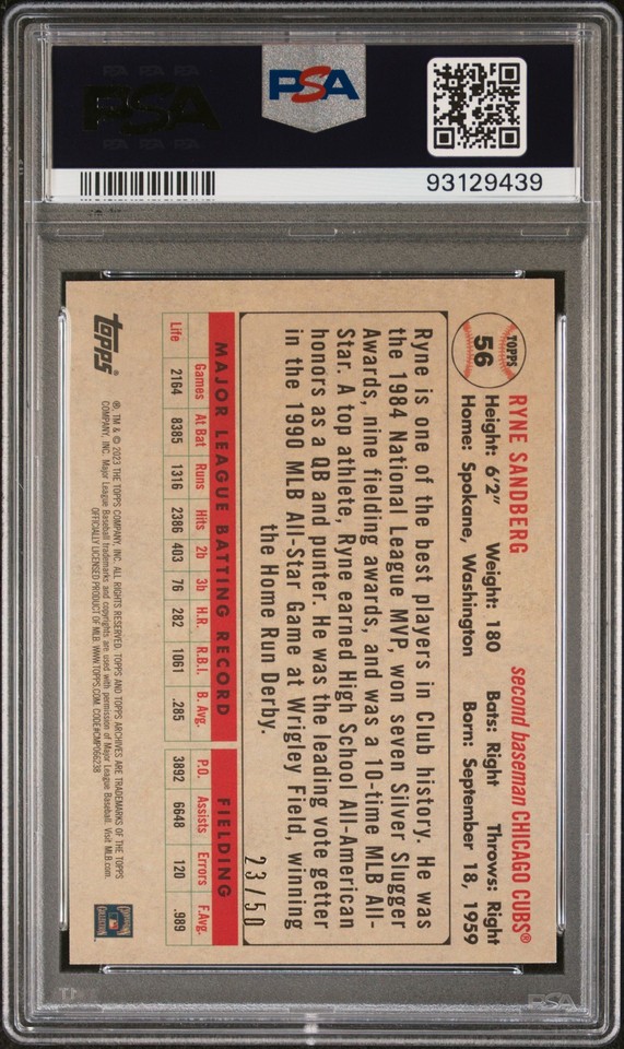2023 TOPPS ARCHIVES RED HOT FOIL #56 RYNE SANDBERG 23/50 JERSEY # PSA ...