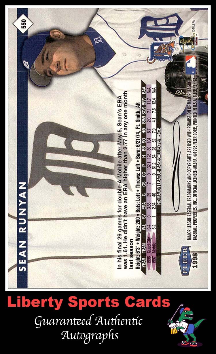 1998 Fleer Sean Runyan #550 Authentic Autographed Card Detroit Tigers ...