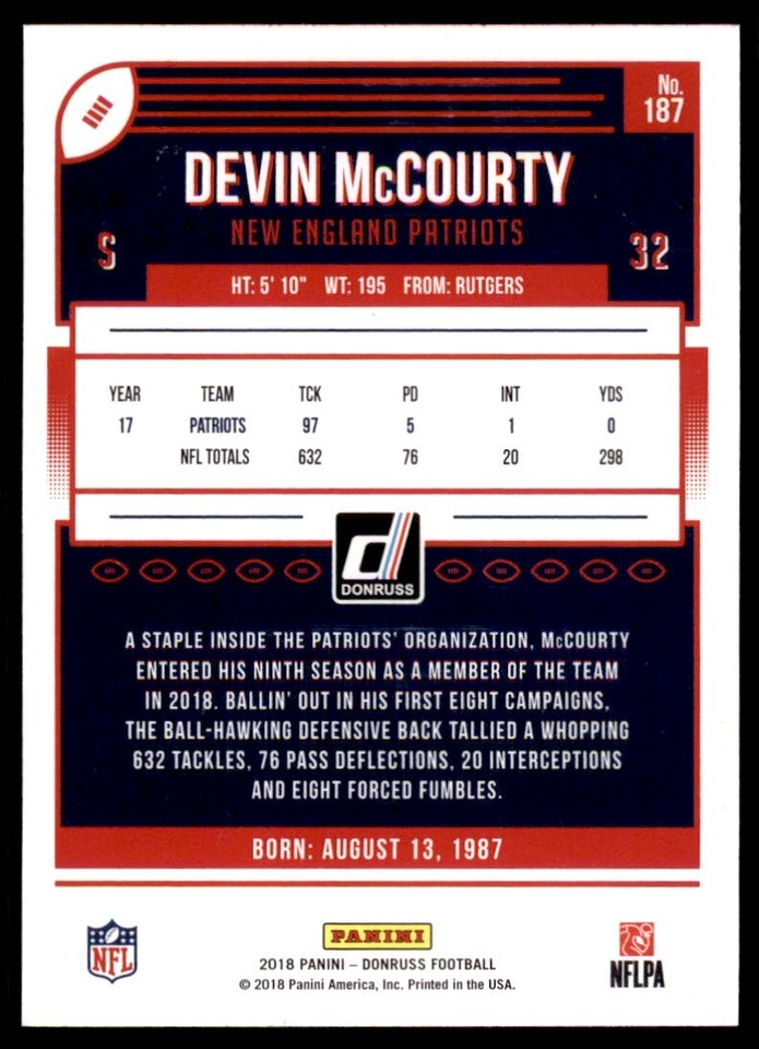 2018 Donruss Blue Press Proof Devin McCourty New England Patriots #187 | eBay
