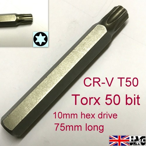 T50 TORX BIT, Hardened, 75mm long, 10mm Hex Drive , Tx, No Security ...