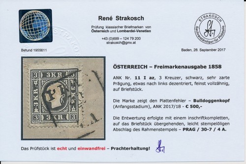 ÖSTERREICH 1858 3Kr, TYPE I.! BULLDOGGENKOPF! Dr.Ferch:610,-€! PRAG ...