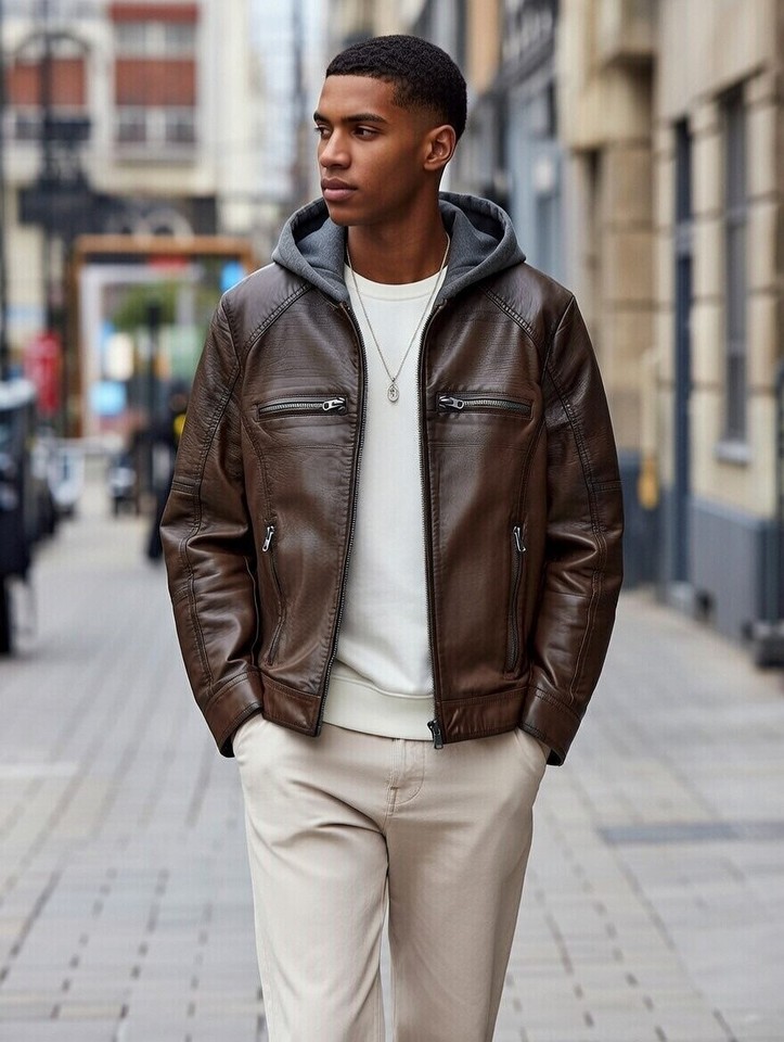 GUESS Men's Faux Leather Brown Bomber Jacket Hooded Full Zip Band ...