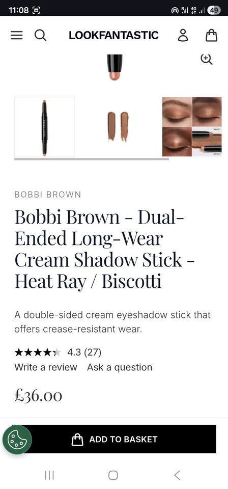 Bobbi Brown dual ended RRP £36 shadow stick Biscotti matte/Heat Ray ...