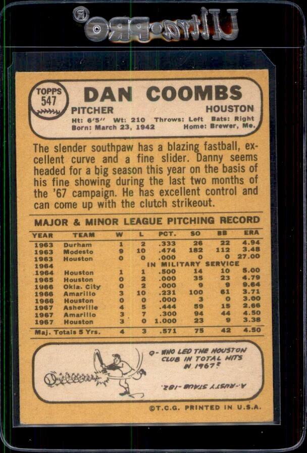 1968 Topps #547 Dan Coombs Houston Astros - Nice Card! | eBay