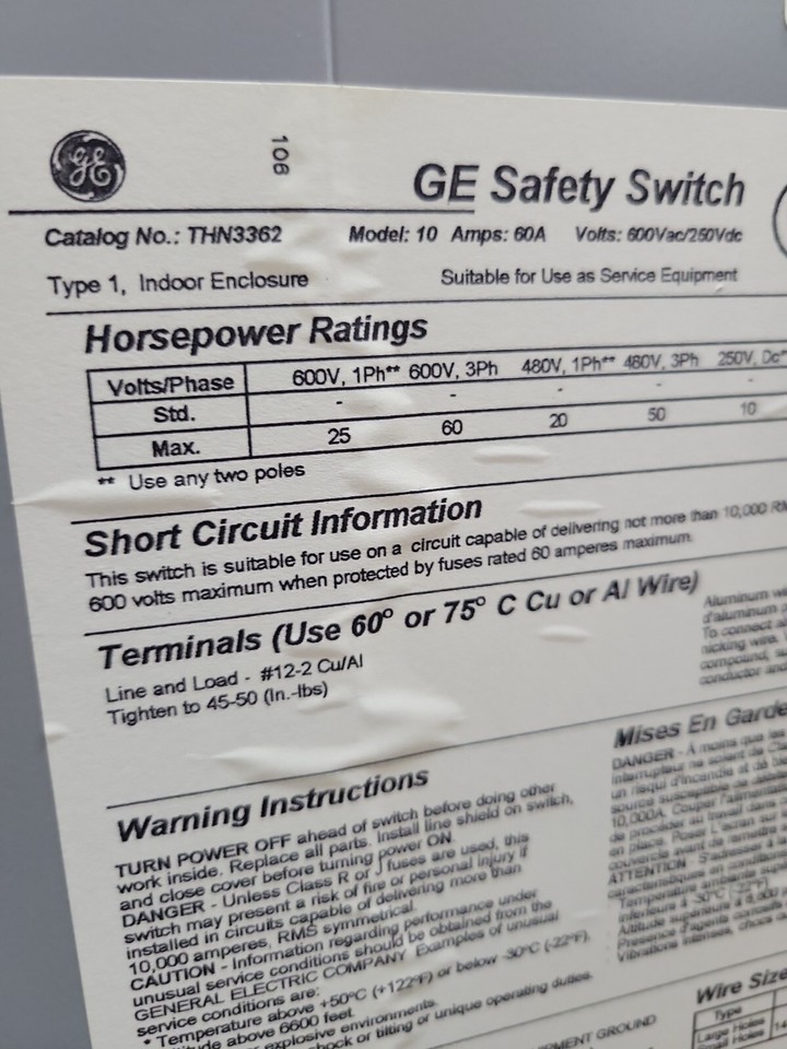 1- GE THN3362 60 amp 600v NON Fused Indoor Disconnect USED | eBay
