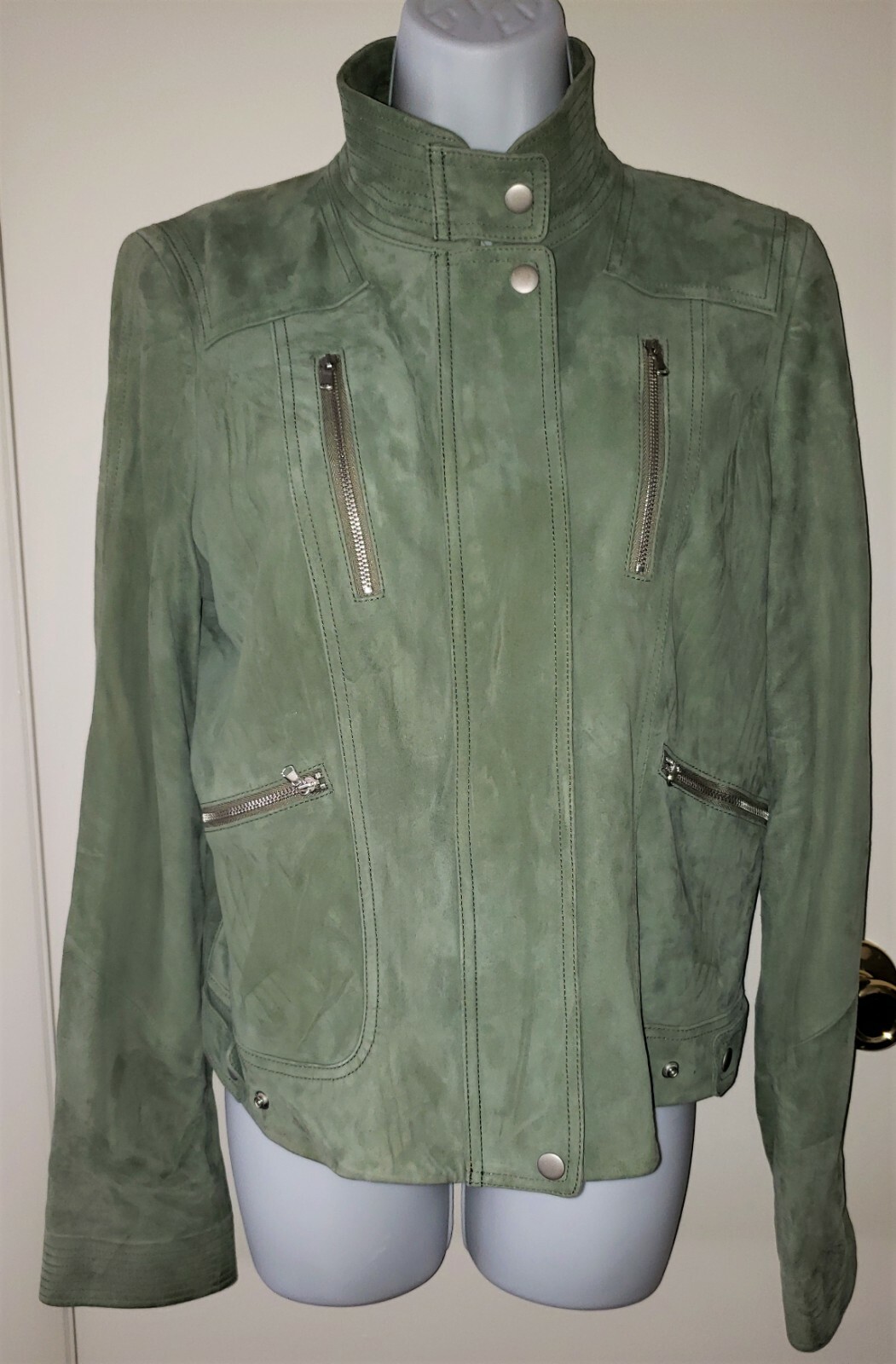 DKNY Motorcycle Jacket Olive Green Italian Leather Suede Zip sz 12 L/XL ...