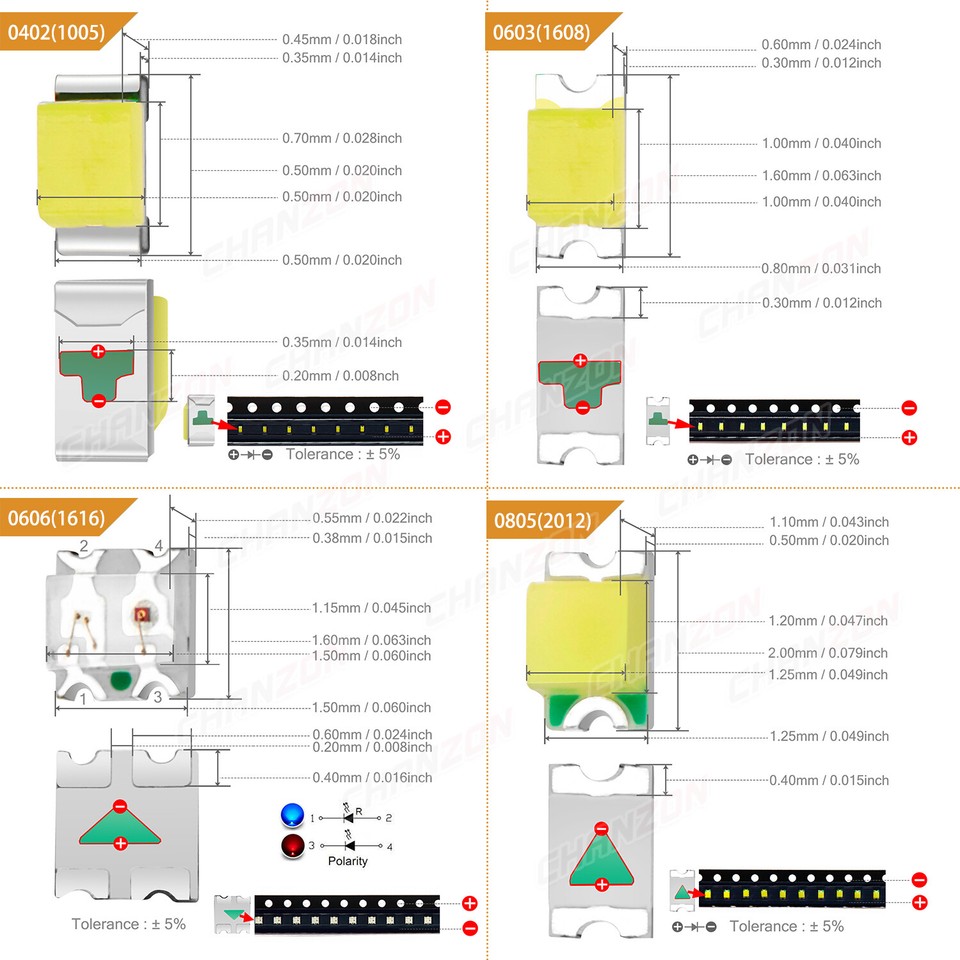 100PCS 0402 0603 0805 1206 3535 3528 5730 SMD LED Diode White Red Green ...
