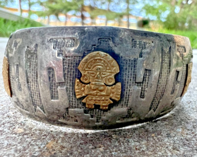 Vintage TRIBAL PERUVIAN CUFF 18k sterling silver 925 Peru bracelet 6.75 ...