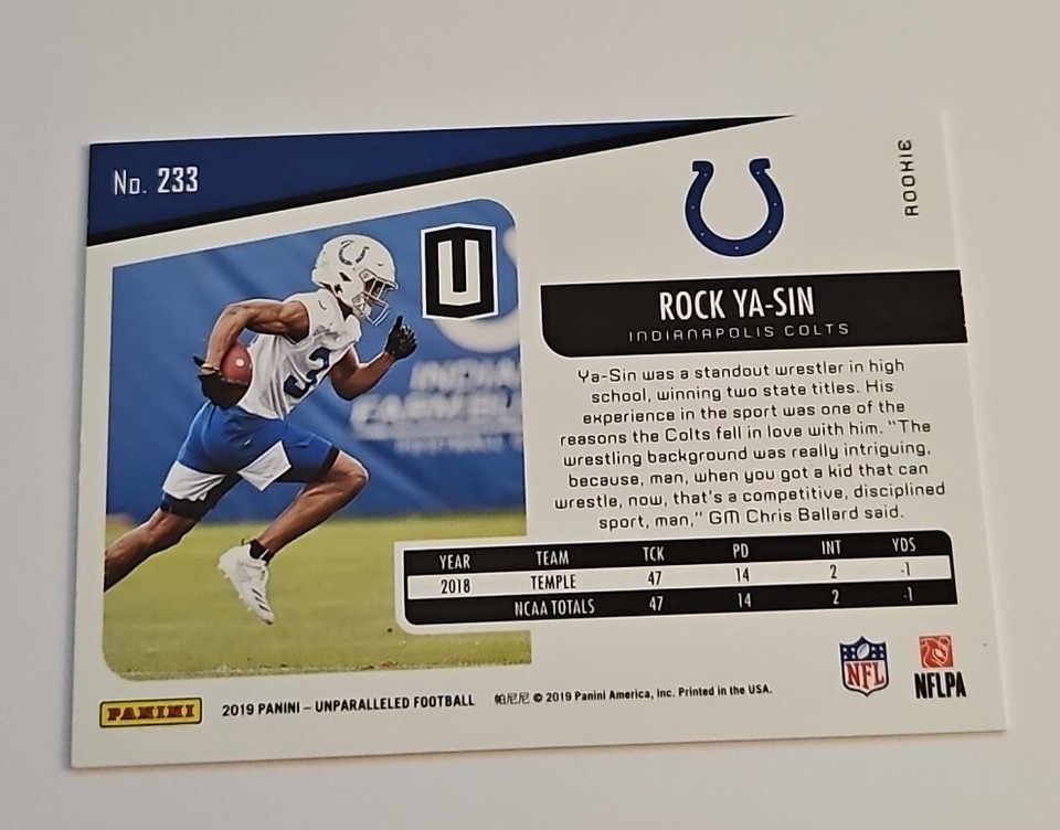 2019 Panini Unparalleled Rock Ya-Sin Rookie #233 Indianapolis Colts RC ...