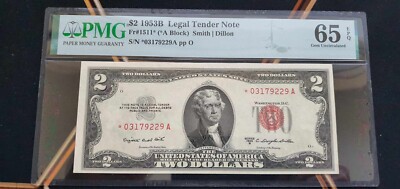 1953 B $2 STAR NOTE RED SEAL US NOTE DOLLAR BANKNOTE USA PMG 65 EPQ UNC ...