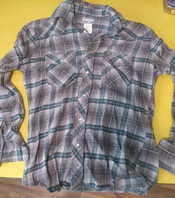 Wrangler Shirt Mens Medium Pearl Snap Plaid Flannel Western Cowboy Gray ...