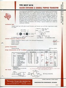 1957 Vintage TEXAS INSTRUMENTS Transistor Spec Sheet: TYPE 2N337 | eBay