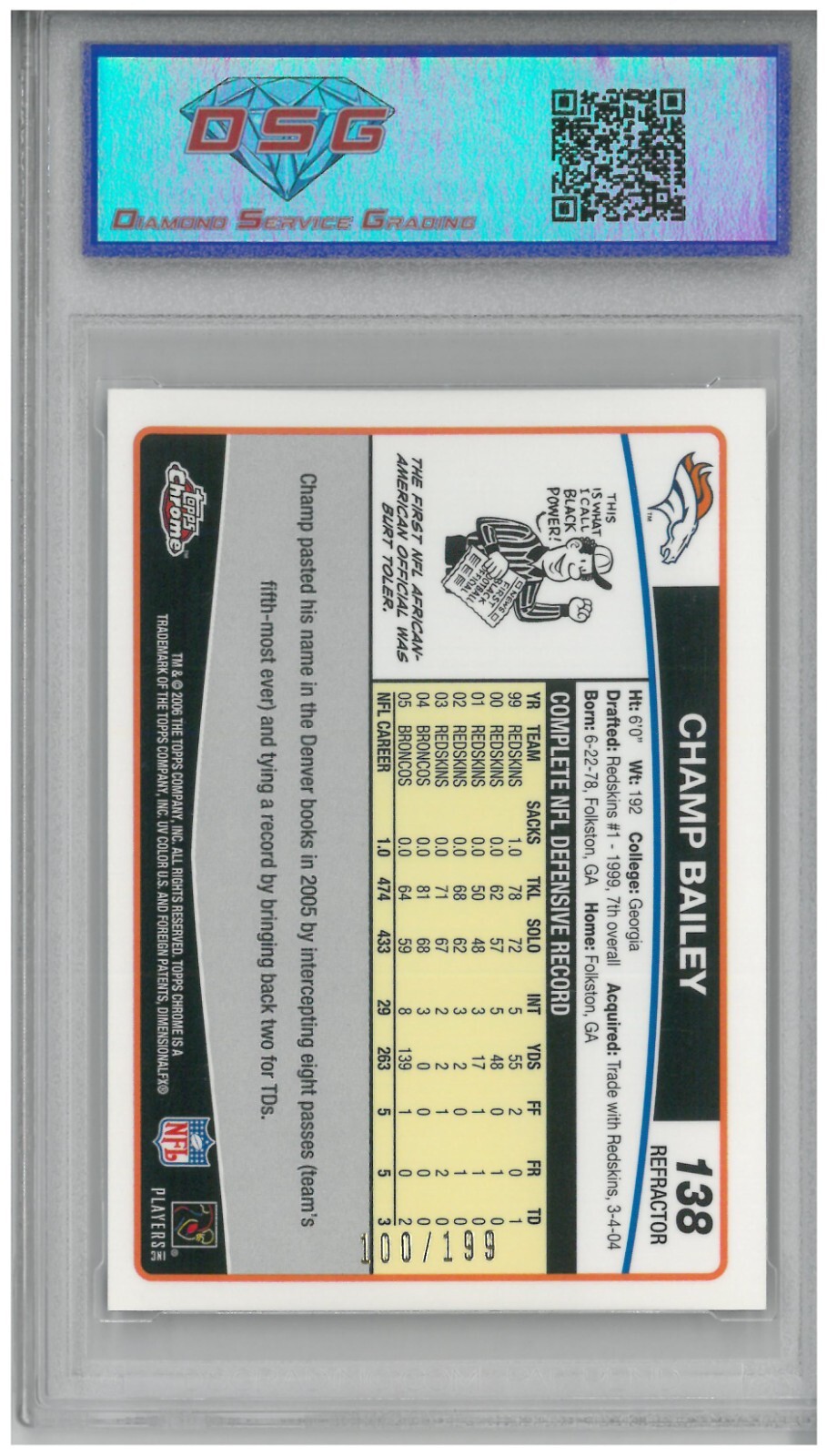 2006 Topps Chrome - Black Refractor #138 Champ Bailey /199 for sale ...