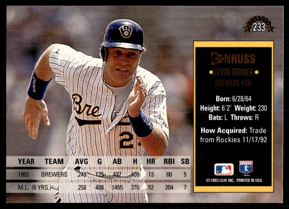 1994 Donruss Baseball Card Kevin Reimer Milwaukee Brewers #233 | eBay