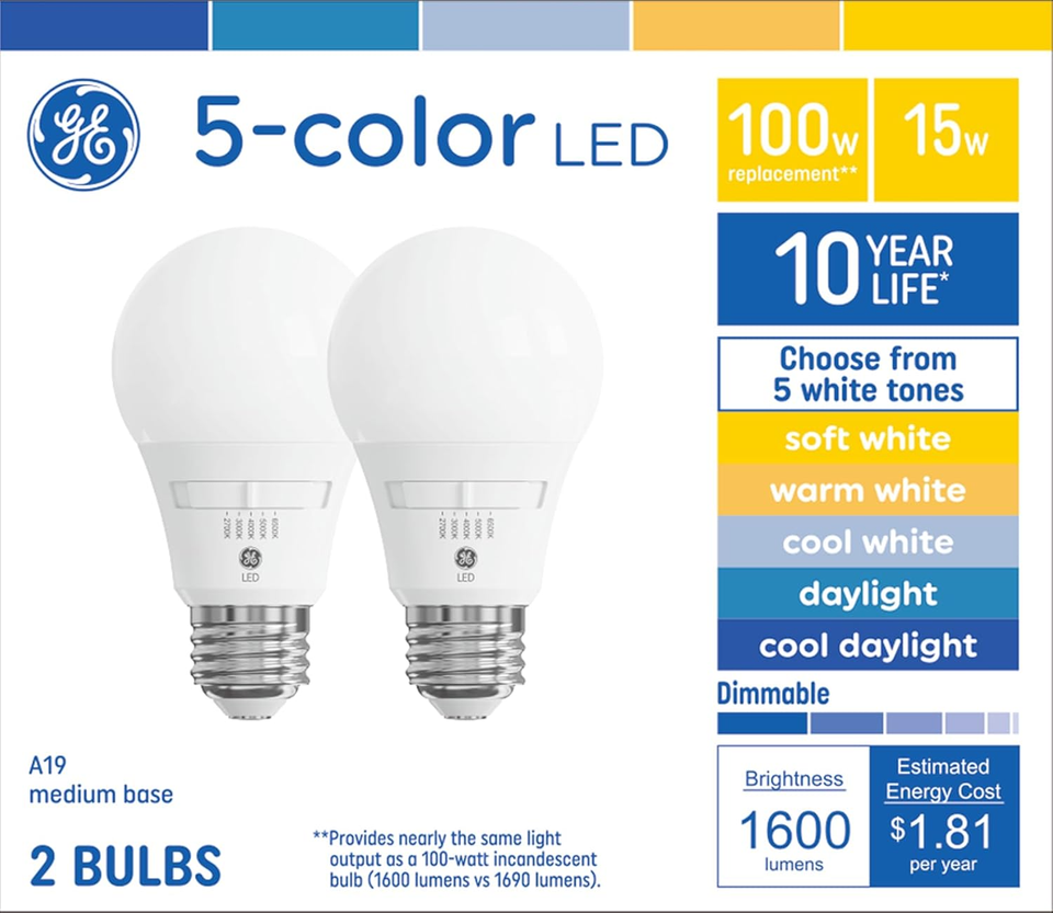 GE Color Select LED 100 Watt Replacement, A19 General Purpose Bulbs (2 ...