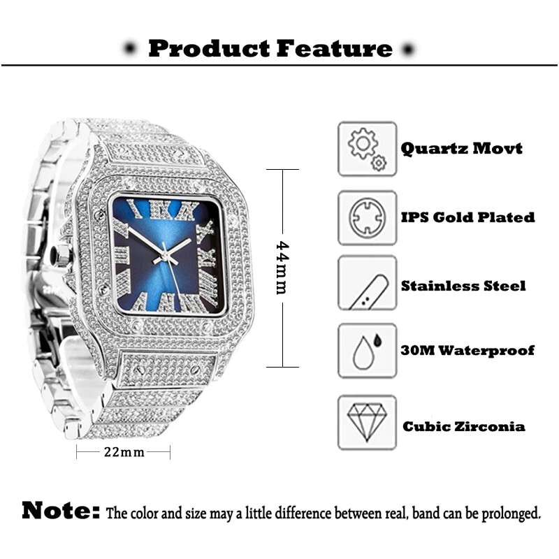 Luxury Fully Ice out Men's Watch Iced Bling Hip Hop Diamond Silver Blue ...