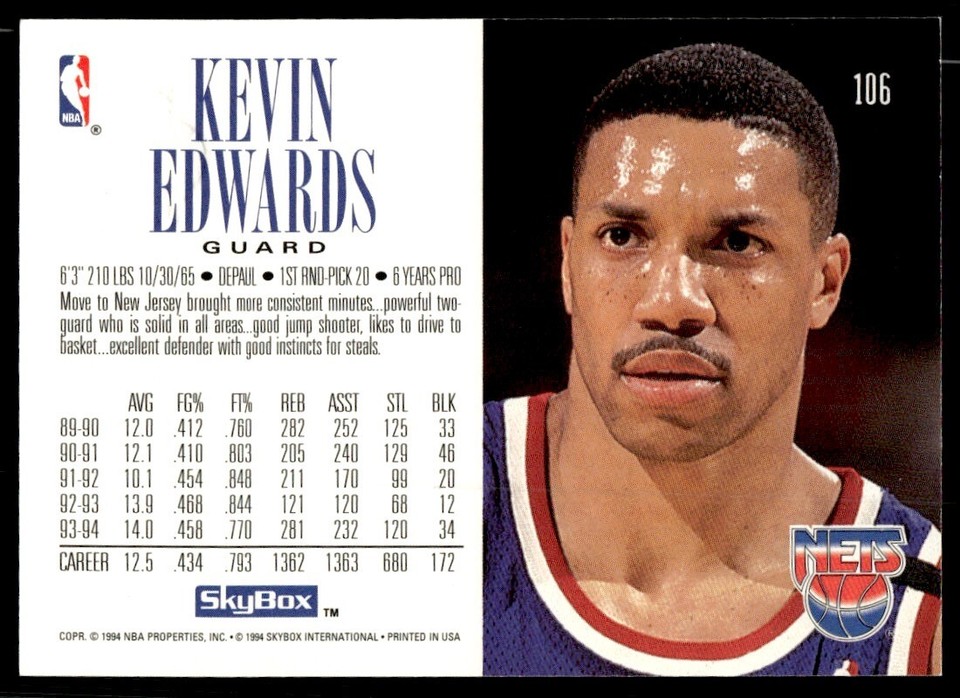 1994-95 SkyBox Kevin Edwards New Jersey Nets #106 | eBay