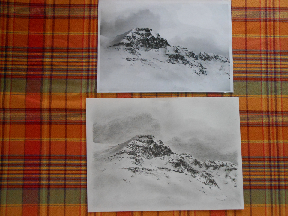 SNOWY MOUNTAIN SNOW WINTER - Original Graphite Pencil Drawing 9.5" x 13 ...