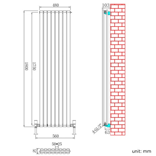 Vertical Column Tall Radiator 1800 / 1600mm Oval Column Panel Mirror ...