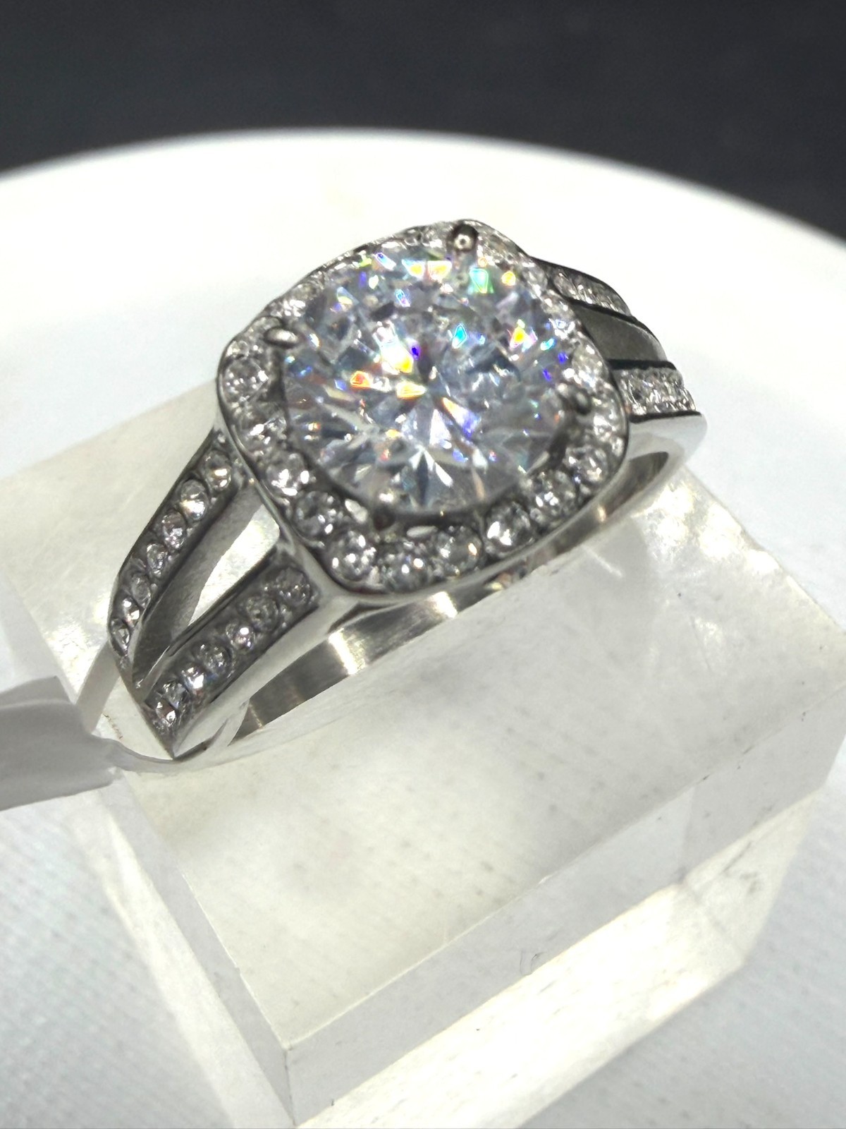 Ladies silver ring 3 carat cubic zirconia stainless steel engagement ...