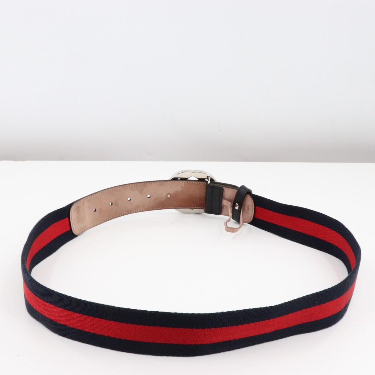 Gucci 95• 38 Navy Leather Red Blue Web Belt Silver GG Buckle Gucci 95• 38 Navy Leather Red Blue Web Belt Silver GG Buckle