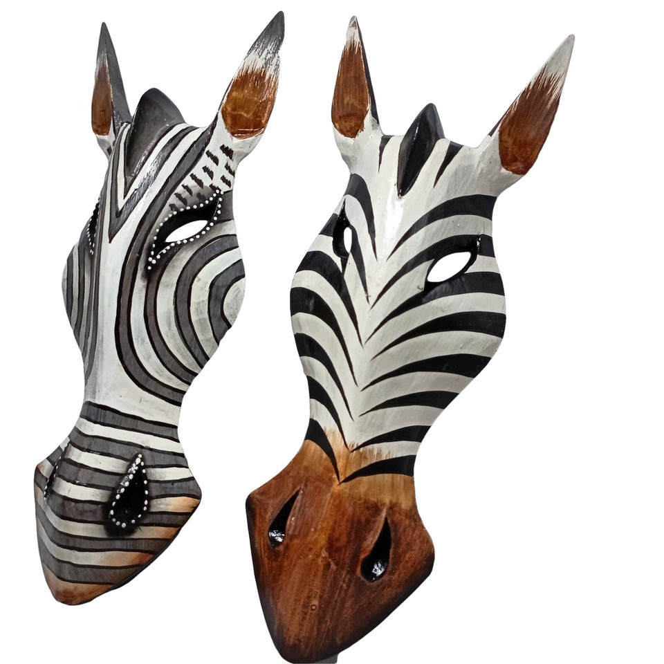 Set 2 Safari Wood Masks Animal Horse Zebra Wall Art Decor Sculpture ...