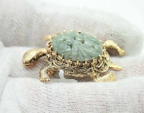 VINTAGE RETRO 14K YELLOW GOLD CARVED JADE TURTLE PIN BROOCH | eBay