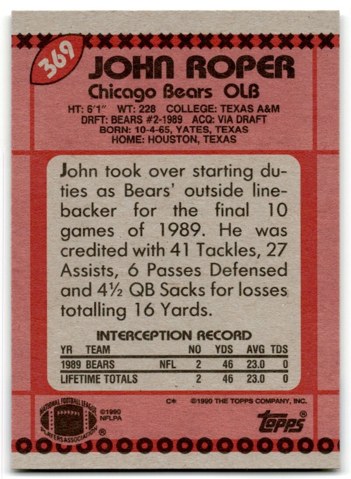 1990 Topps John Roper Chicago Bears #369 | eBay