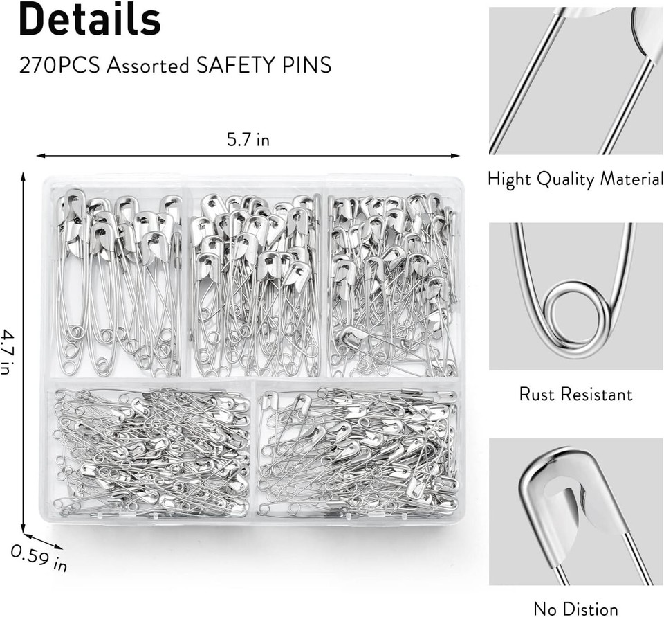 280 Pack 1-2.2 inch Safety Pins Assorted Size Rust-Resistant Nickel ...