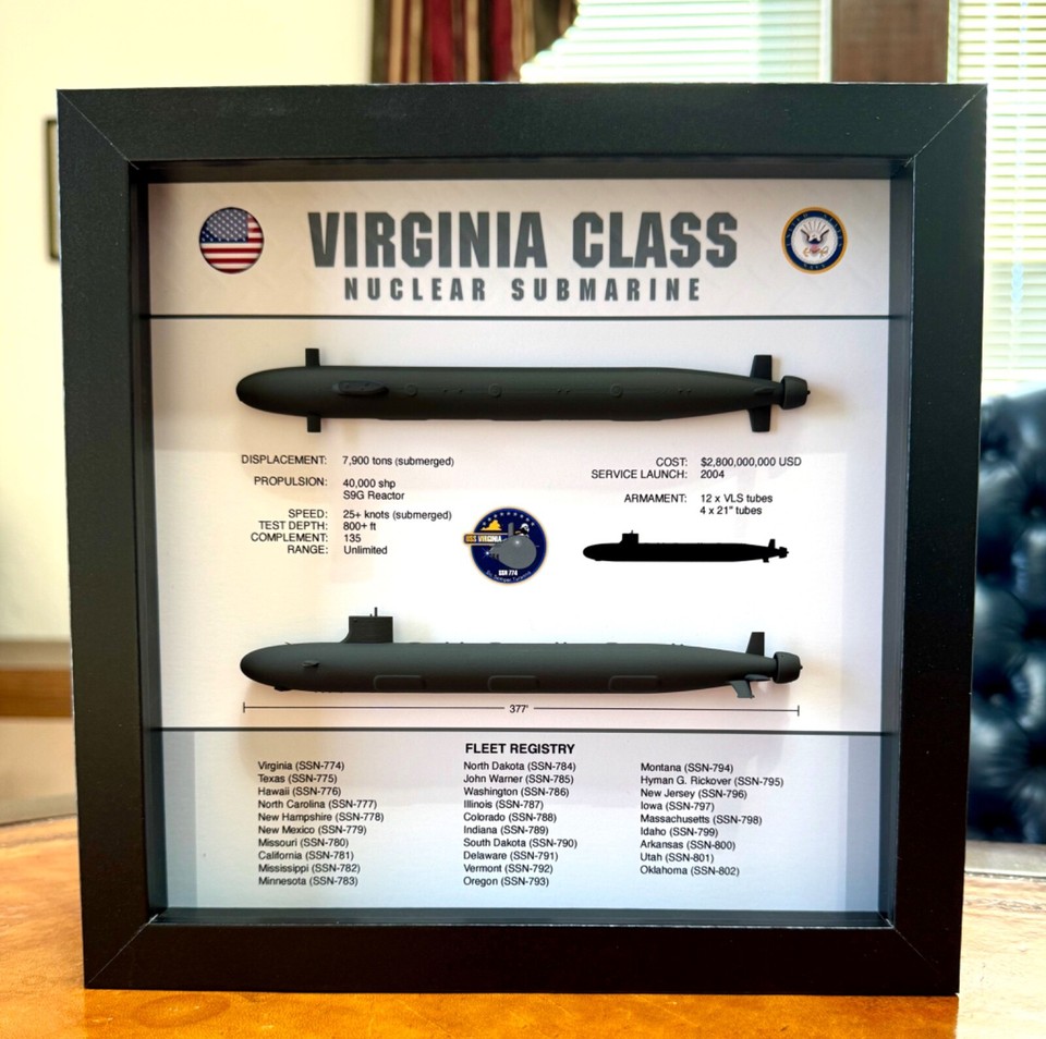 Virginia Class Submarine Shadow Display Box, SSN-774, 9" x 9", Black | eBay