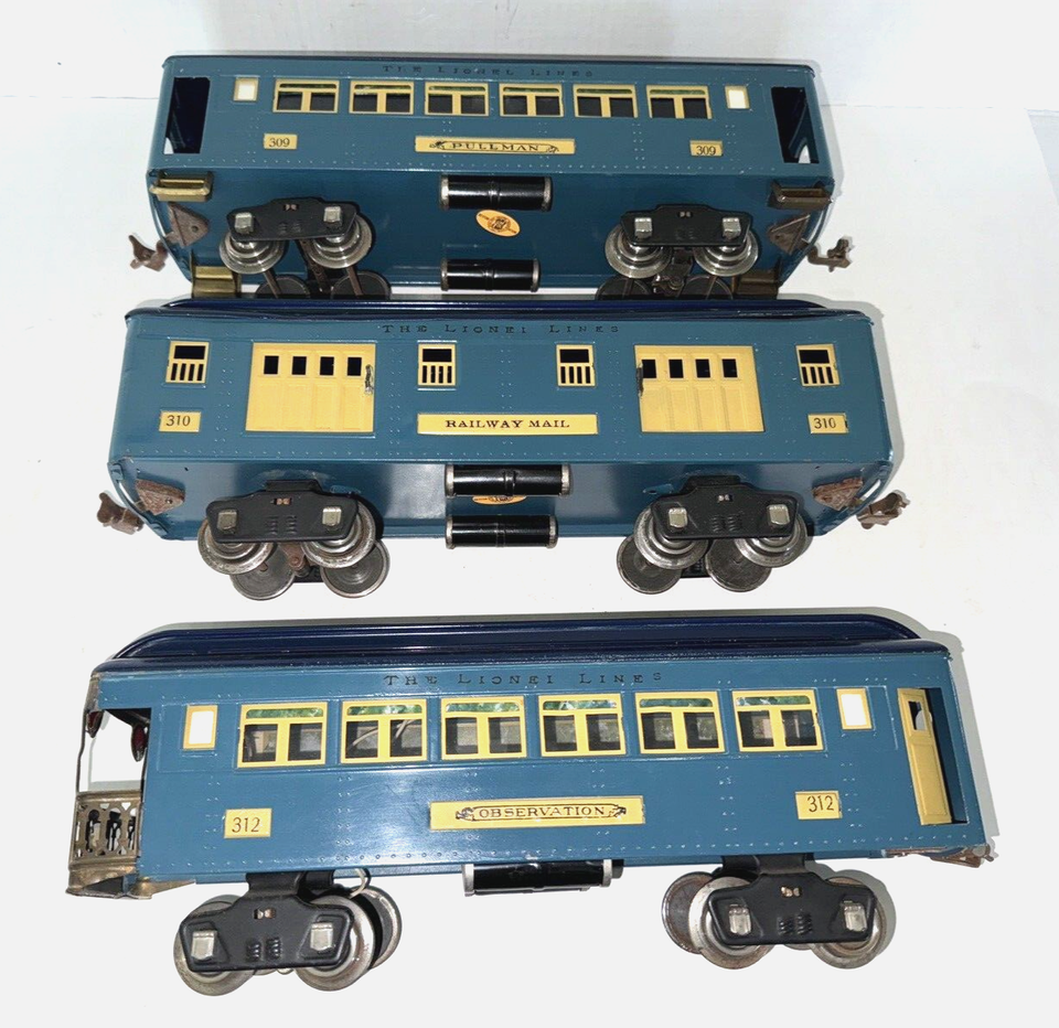 LIONEL PREWAR ST. GAUGE 309/310/312 2-TONE BLUE LIGHTED PASS. CARS ...