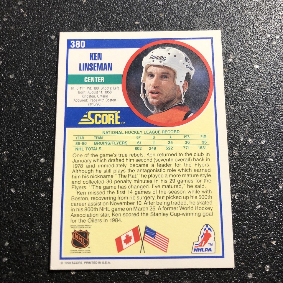 Ken Linseman 1990 Score Hockey #380 NHL Philadelphia Flyers Center Ice ...