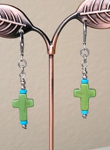 Green Blue Howlite CROSS Earrings Stainless Steel Lever Back Hook Ear ...