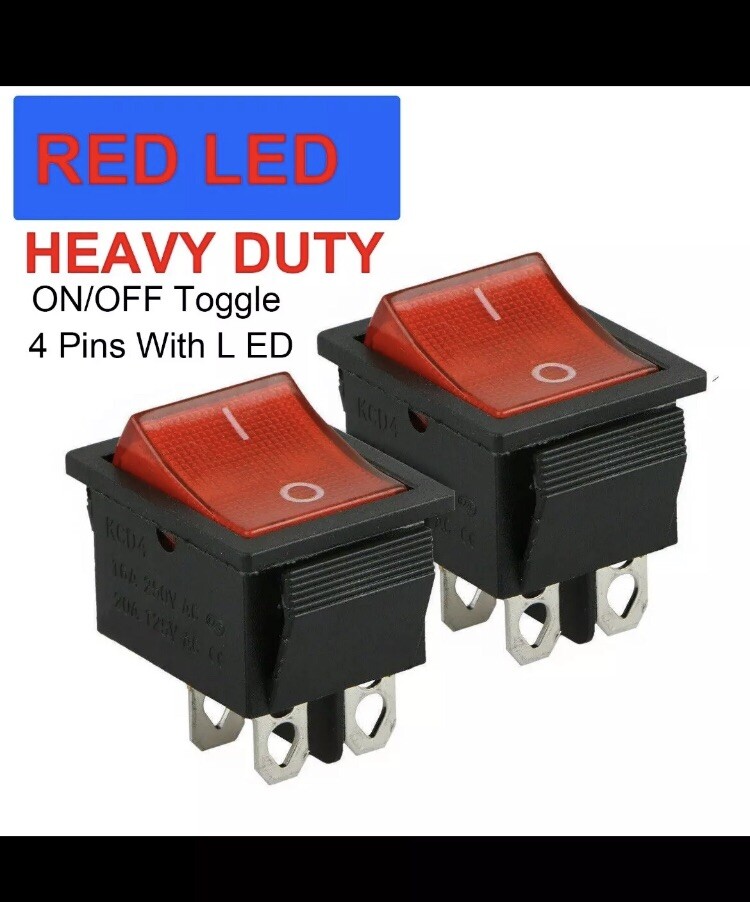 2X On/OFF Toggle Red Led Rocker Switch DPST 4 Pin Snap-In AC 16A/250V ...