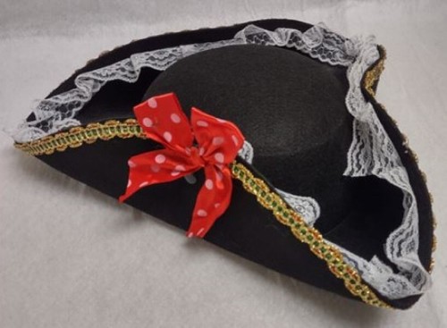 Womens Black Pirate Tri-Corner Hat w/ Ruffled White Trim, Gold Trim ...