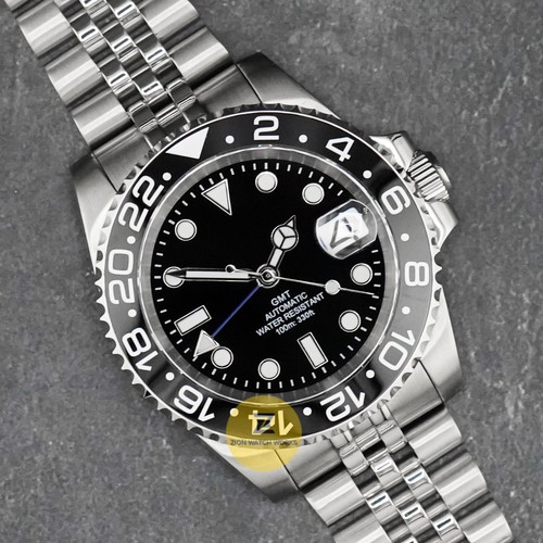 Custom Made 40mm Black GMT Custom Dive Style Mod Watch Jubilee w/ NH34 ...